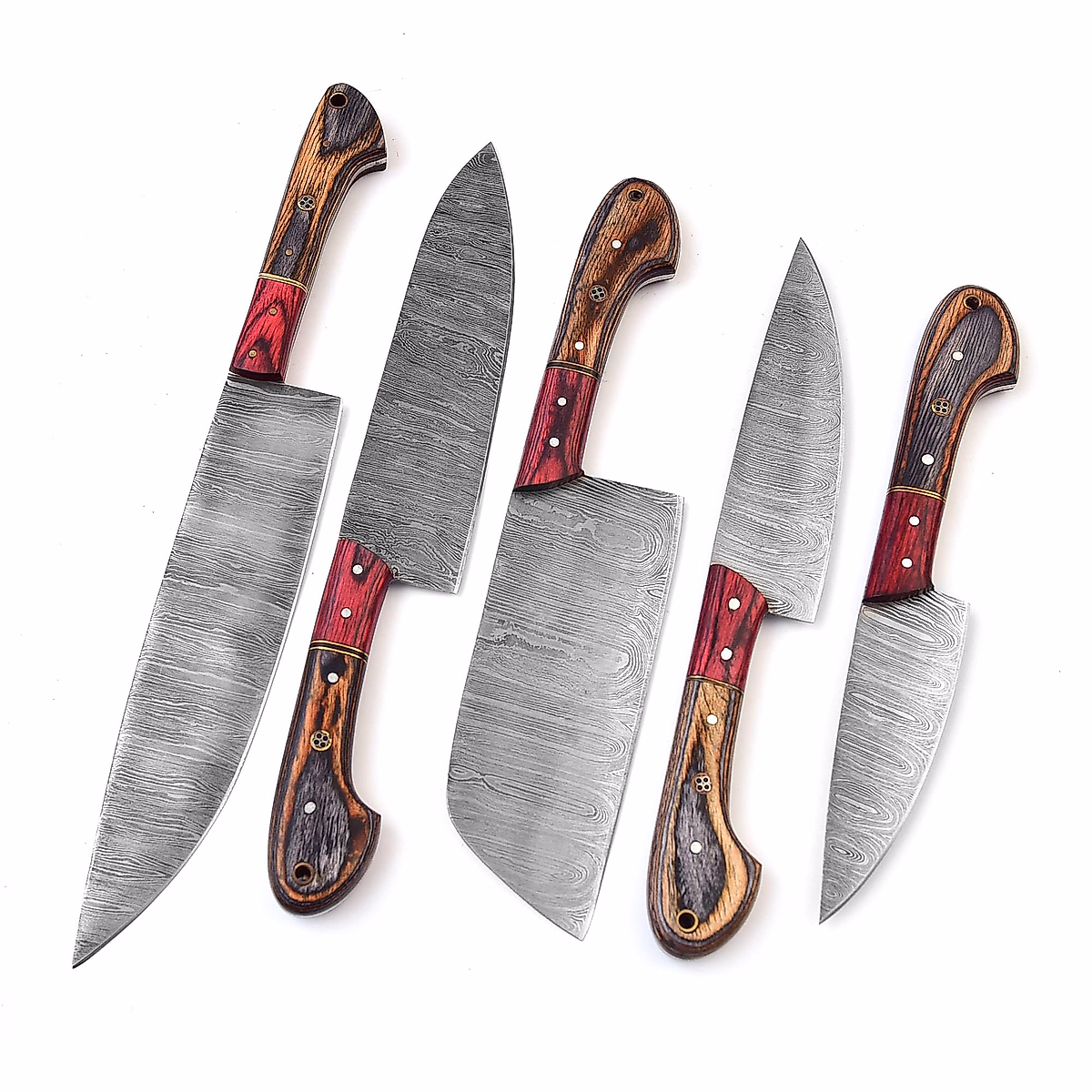 LEONA CRAFT® Custom Handmade Damascus Steel Chef Set Kitchen Knives with Leather Pouch 5 PCS Poplar Home Professional Knife Without Block Cool Blade Wood Handle Utensils Tops Tools Paring Knifes (010)
