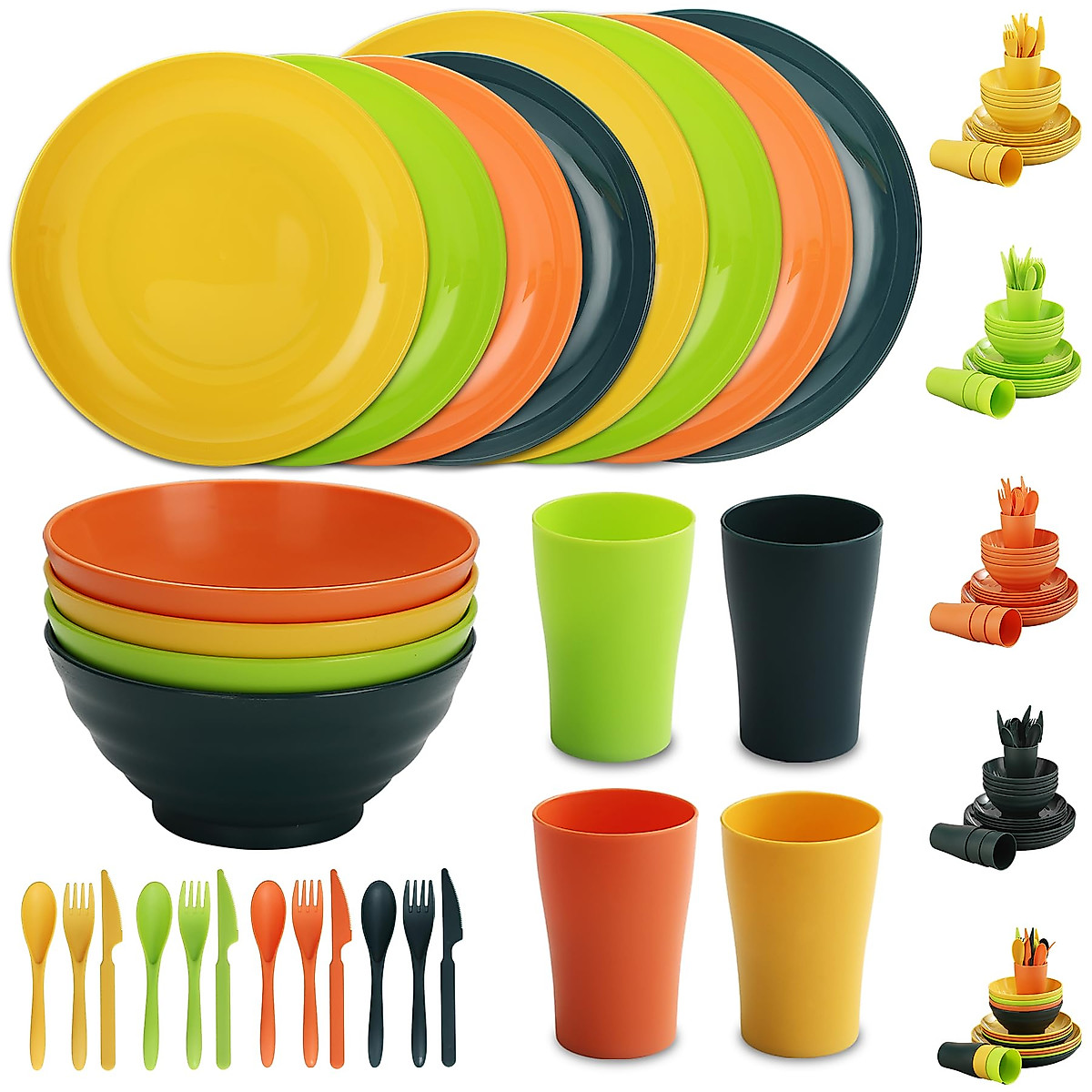 Evanda Plastic Dinnerware Set 28 Piece, Reusable Light Weight Mugs, Bowls, Dishes, Knives, Forks, Spoons for Camping Picnics And Everyday Use, Dishwasher Safe (Mutil Color)