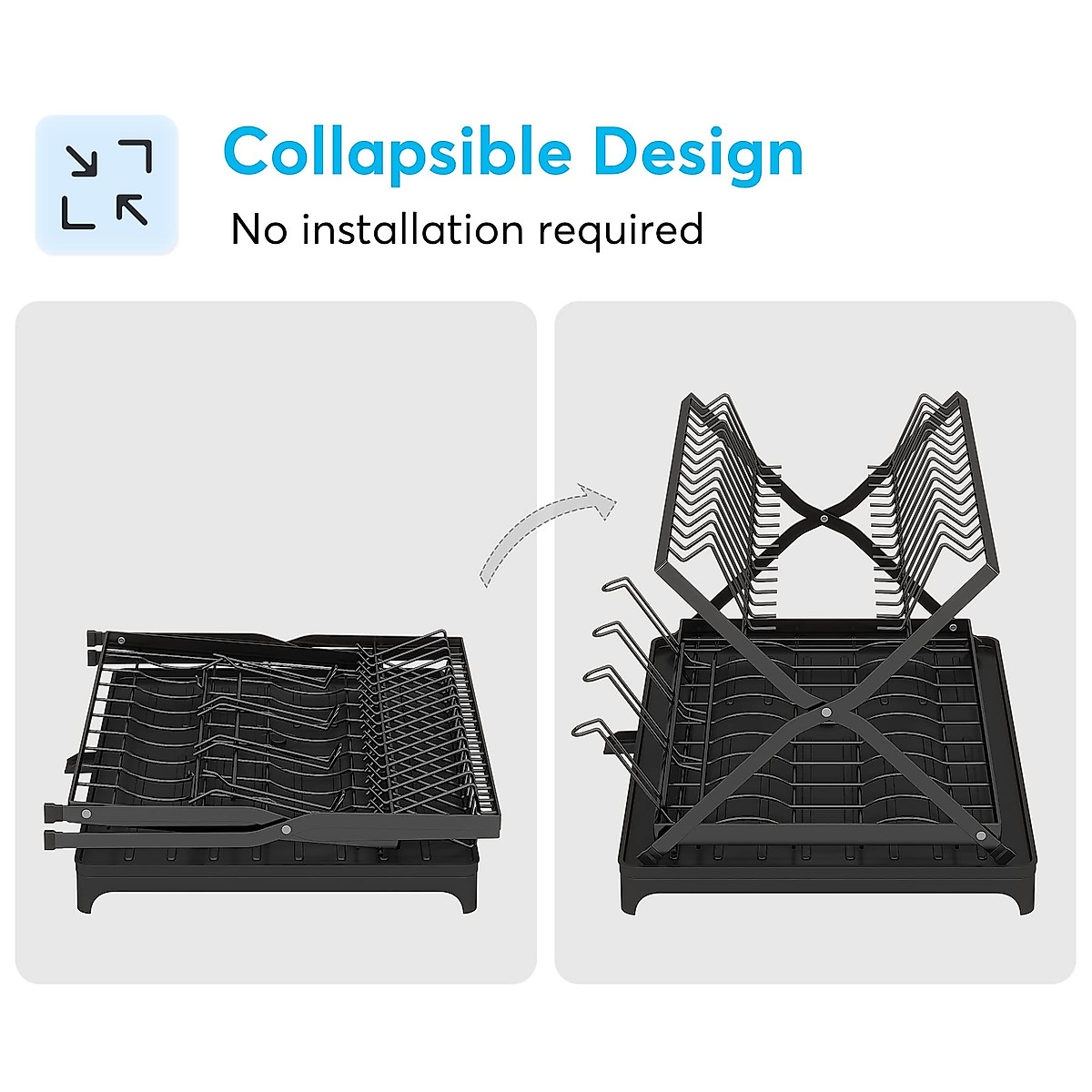 1Easylife Dish Drying Rack Collapsible: 2-Tier Dish Rack with Drainboard, Self Draining Dish Dryer for Kitchen Counter Rustproof, Foldable Utensil Drainer with Cup Holder Free Towel
