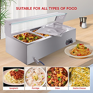 Fashionwu Commercial Grade Stainless Steel Food Warmer, Countertop Steam Table Food Warmer with Tempered Glass Shade Temperature Control for Parties, Catering, Restaurants, 3 x 12QT