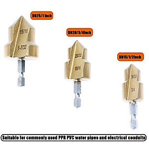3Pack PPR Lifting Stepped Drill Bit Reamer Drill for Water Pipe Tube Repair Drill Connection Tool for 1/2" 3/4" 1inch Pipes 1/4 Hex Shank Quick Change