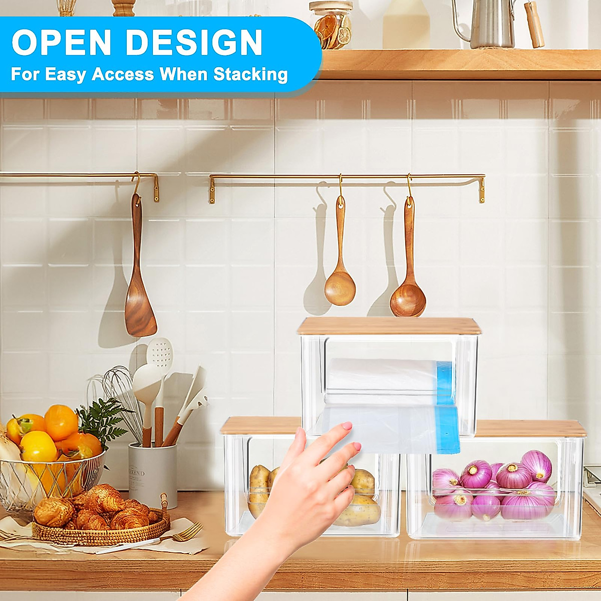 Riian Trash Bag Dispenser, Holder & Organizer with Bamboo Top, Acrylic Storage Container for Under Sink Bag Storage (1pc, Holds 100 Bags, 1300 Gallons)