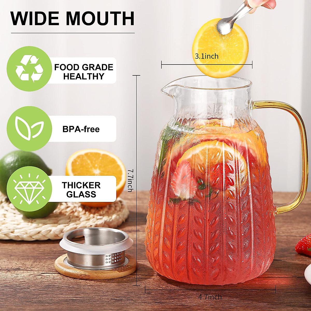 68 Ounce Glass Pitcher with Bamboo Lid | Stove Safe Pitcher Iced Tea Spout Water Carafe,Beverage Pitcher for Homemade Juice and Iced Tea (2000ML)
