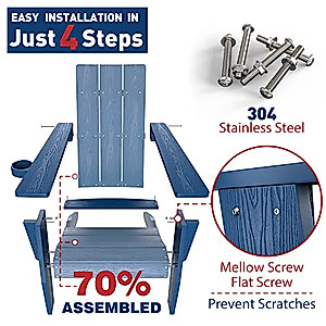 SAKSUN Adirondack Chairs Set of 2 Weather Resistant with Cup Holder,Unfinished, Patio Seating, Patio Chairs Furniture, Lounge Chairs for Outside, Plastic Lawn Chair, Outdoor Chair (2, Navy)