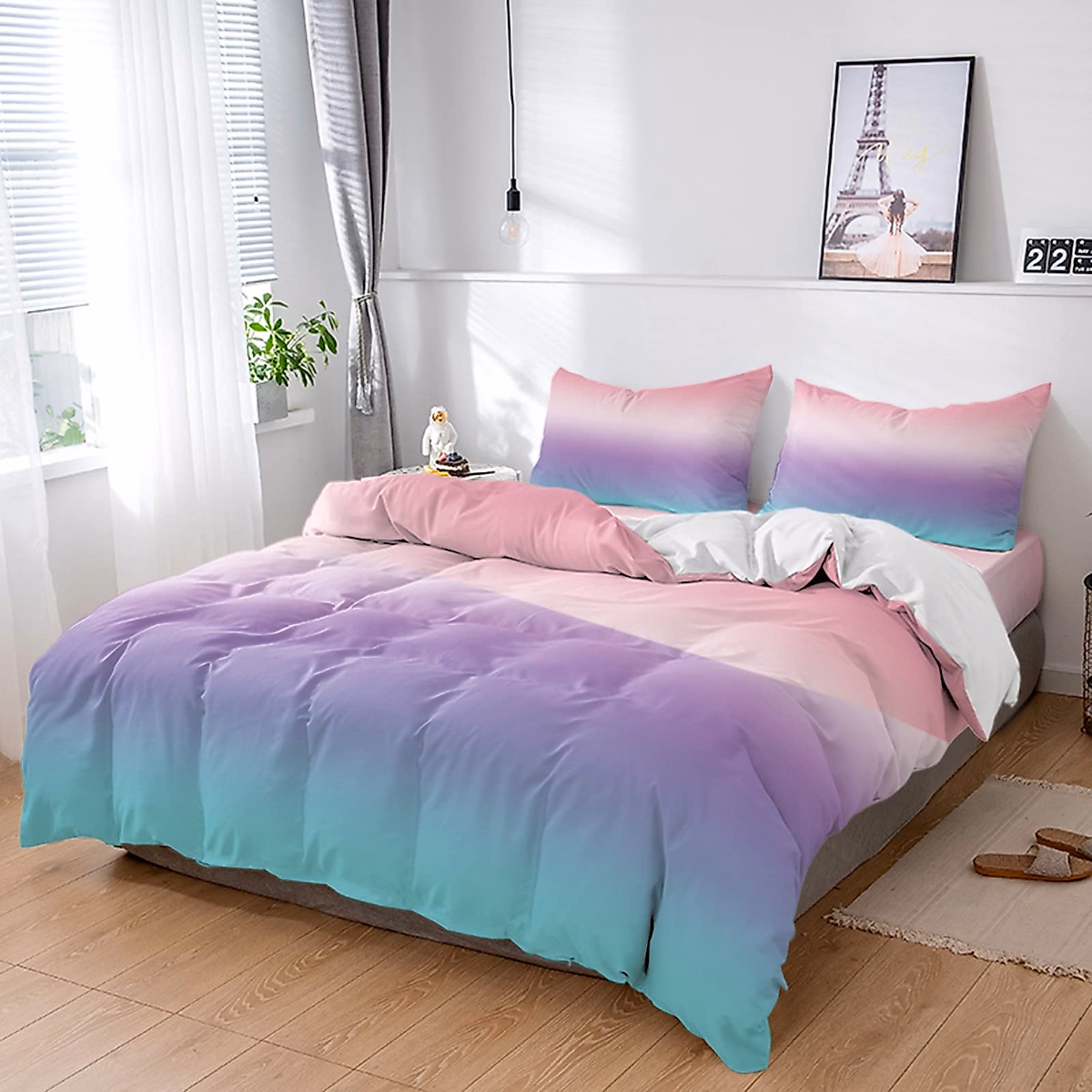 Chucoco Full Duvet Covers Set Pink Purple Teal Color Gradient 4 Pcs Bedding Sets Brushed Microfiber Quilt Covers Lightweight Cozy Flat Sheet with 2 Pillowcases Ombre Colored Abstract Art