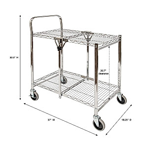 LUXOR WSCC-2 Two-Shelf Collapsible Wire Utility Cart with Wheels, Push Heavy Duty,Holds 200 Pounds and Folds Up for Storage, 37"W x 18.25"D x 30.5"H