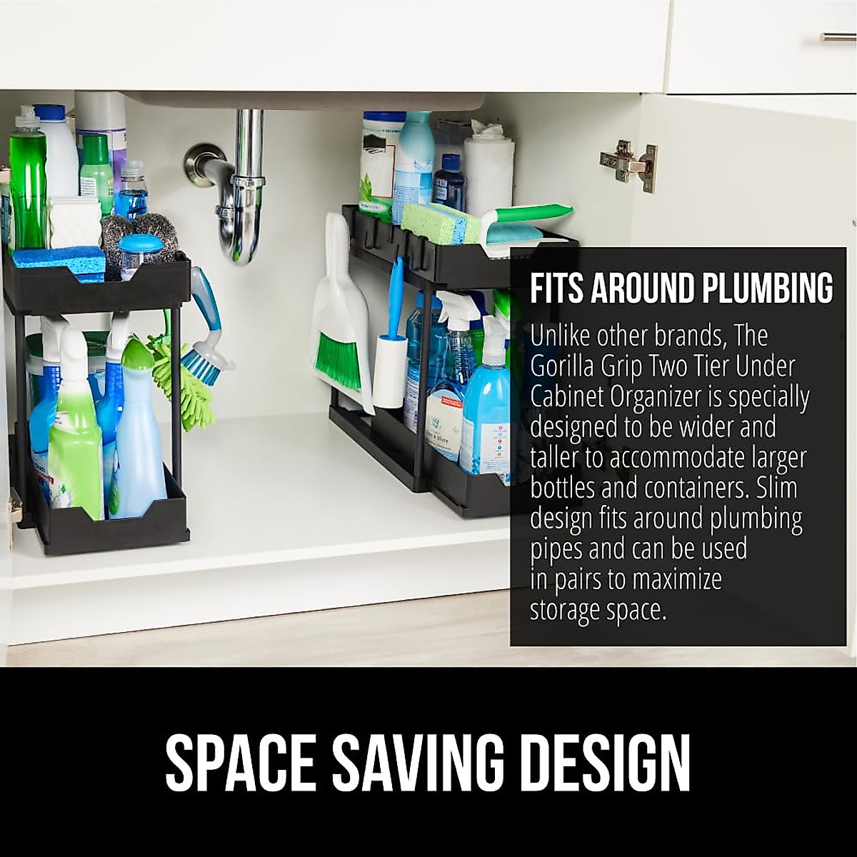 Gorilla Grip 2 Tier Under Sink Organizer, Pull Out Cabinet Organizers with Hooks, Slide Drawers Hold Up to 15lbs Each, Easy Assembly Storage for Kitchen Bathroom Coffee Bar, Shelf Organization, Black