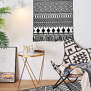 Upgraded Boho Bathroom Rug 2'x3', 100% Woven Geometric Rug for Bedroom Black and White Rug Bohemian Bath Mat, Kitchen Rug Washable Cotton Small Throw Rug, Tassel Rug for Kitchen/Laundry/Doorway/Porch