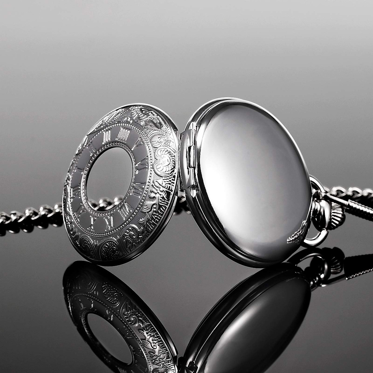 TREEWETO Men's Mechanical Skeleton Pocket Watch for Mens Women Roman Numerals Dial Silver Tone Double Case Pocket Watches