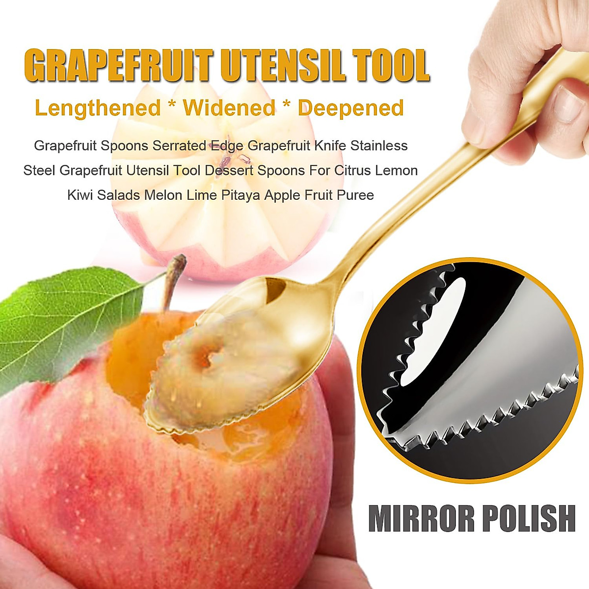 Grapefruit Spoons Serrated Edge Grapefruit Knife Stainless Steel Grapefruit Utensil Tool Dessert Spoons for Citrus Lemon Kiwi Salads Melon Lime Pitaya Apple Fruit Puree (Gold)