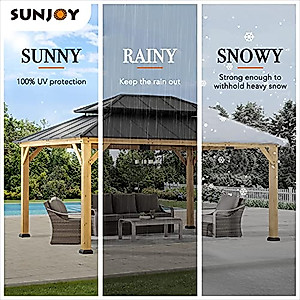 SUNJOY 12 x 16 ft. Wood Gazebo, Outdoor Patio Hardtop Gazebo, Upgrade Cedar Framed Wooden Gazebo with 2-Tier Metal Roof, Suitable for Patios, Lawn and Backyard, Dark Brown Roof + Natural Wood Frame