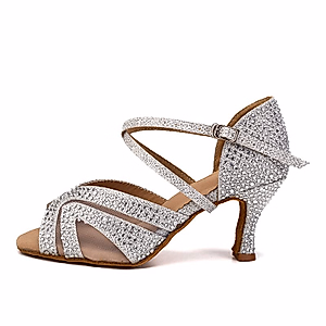 AOQUNFS Women Ballroom Dance Shoes Latin Salsa Practice Performance Shoes,1025,Silver-6, US 9.5