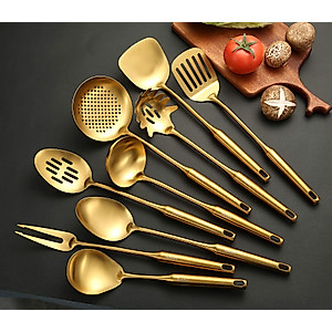 Gold Kitchen Utensils Set, Standcn 9 PCS 304 Stainless Steel All Metal Cooking Tools with Meat Fork, Solid Spoon, Slotted Spoon, Spatula, Ladle, Skimmer, Slotted Spatula, Spaghetti Server, Large Spoon