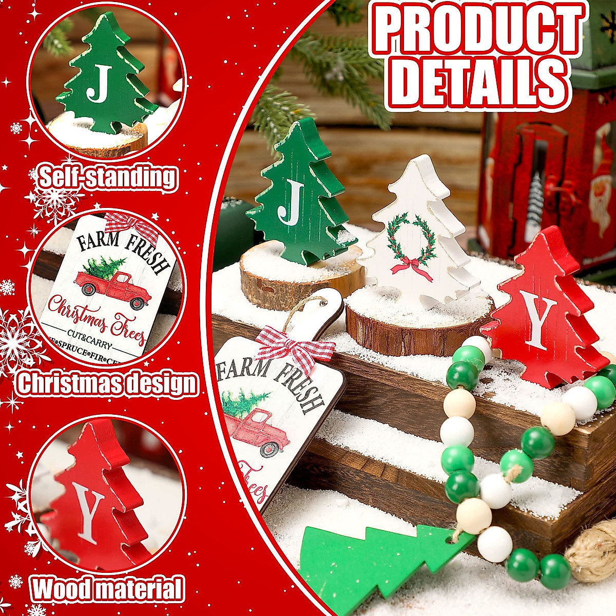Christmas Tiered Tray Decor Christmas Book Stack Wooden Truck Tree Decor Farm Fresh Christmas Trees Wooden Block Sign Farmhouse Xmas Tree Gnomes Plush Beads Garland Decor Set for Home Table (Joy)