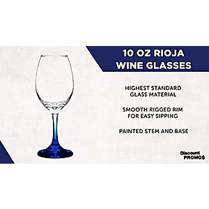 DISCOUNT PROMOS Rioja Wine Glasses with Stem 10 oz. Set of 10, Bulk Pack - Color Bottom, Perfect for Wedding, Party Favors, Birthday, Bridal Shower Gifts - Blue