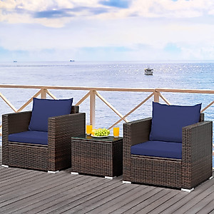 RELAX4LIFE 3-Piece Wicker Bistro Set - Outdoor Patio Rattan Sofa Set w/Washable Cushions & Tempered Glass Coffee Table, Conversation Furniture Set for Backyard, Porch, Garden & Poolside (Navy Blue)