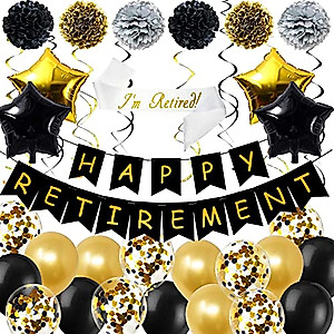 Retirement Party Decorations - Retirement Party Supplies with Happy Retirement Banner Latex Balloons Retired Sash Paper Pom Poms Hanging Swirls Foil Balloons for Women and Men (Black Gold)