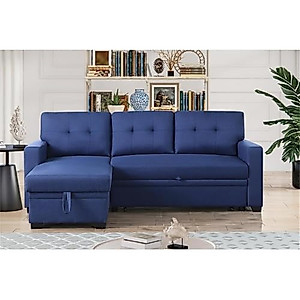 Devion Furniture L-Shaped Polyester Fabric Reversible, Easy Convertible Pull-Out Sleeper Sectional Sofa/Storage Chaise with Tufted Back Cushions and Track Arms in Blue
