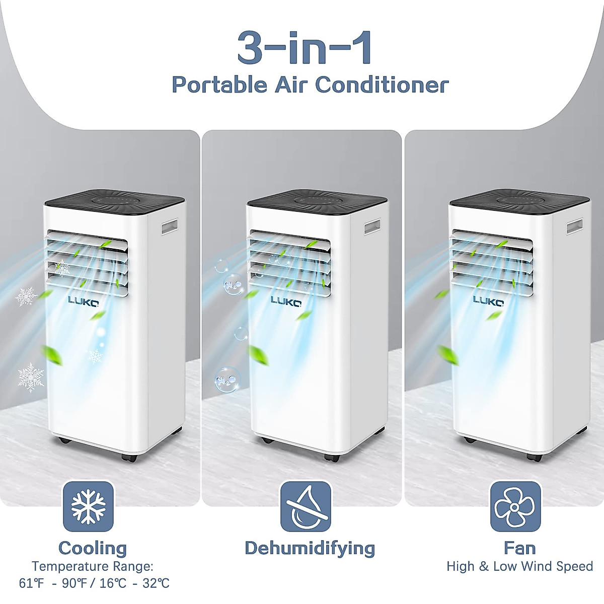 LUKO Portable Air Conditioner 8000 BTU, Cooling, Fan, Dehumidifier 3-in-1 AC Unit for Rooms up to 300 Sq. Ft, Includes Child Lock, Remote Control and Window Kits