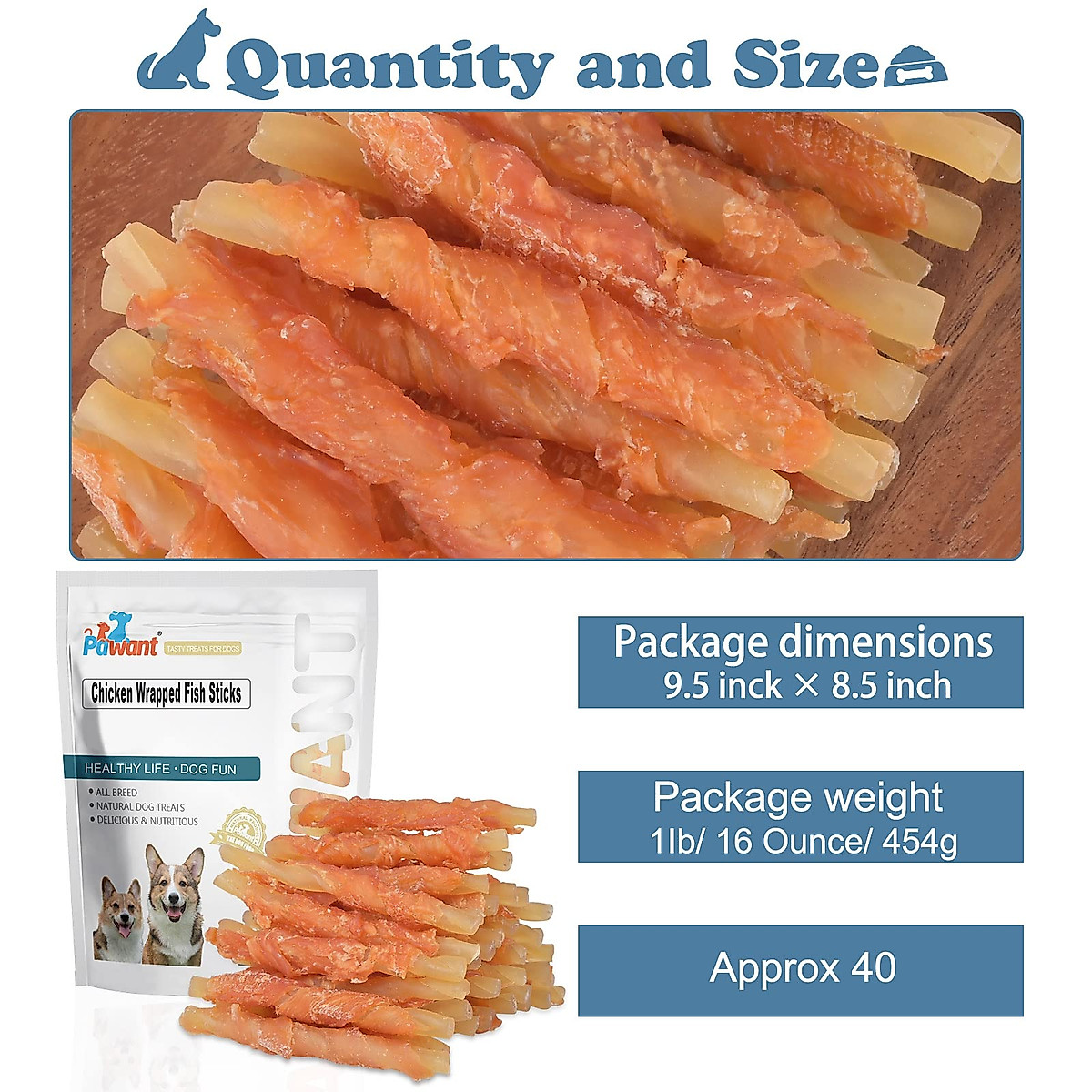 Pawant Dog Treats Soft Chews Rawhide Free Chicken Wrapped Cod Sticks for Puppy Training Snacks Dog Chews Treats 1lb/454g