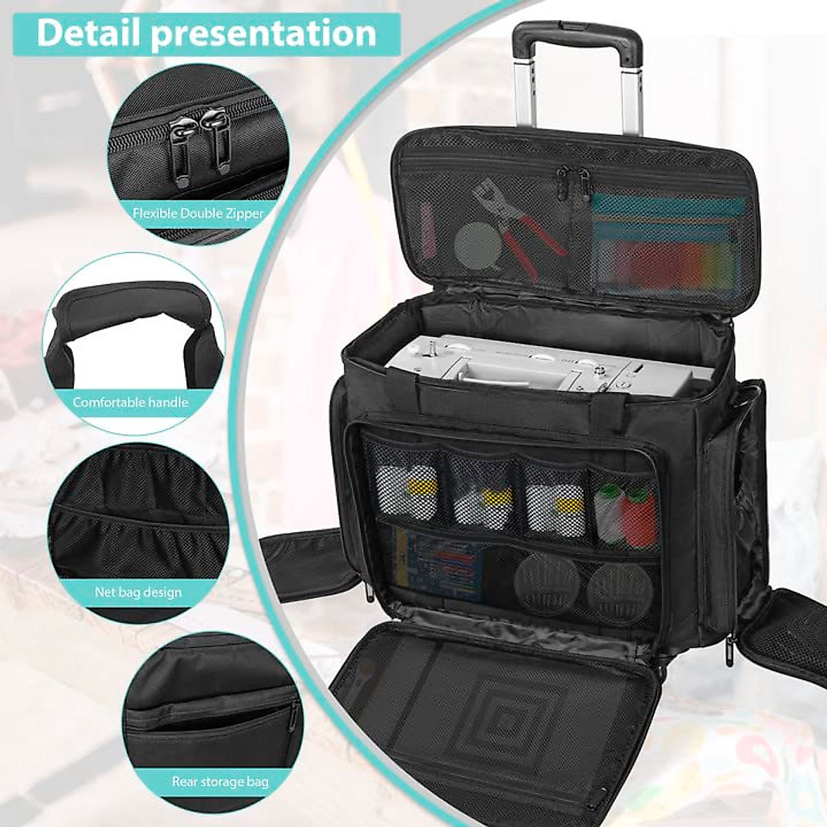 ITHWIU Sewing Machine Case with Wheels, Rolling Trolley Tote with Multiple Storage Pockets for Accessories, Black