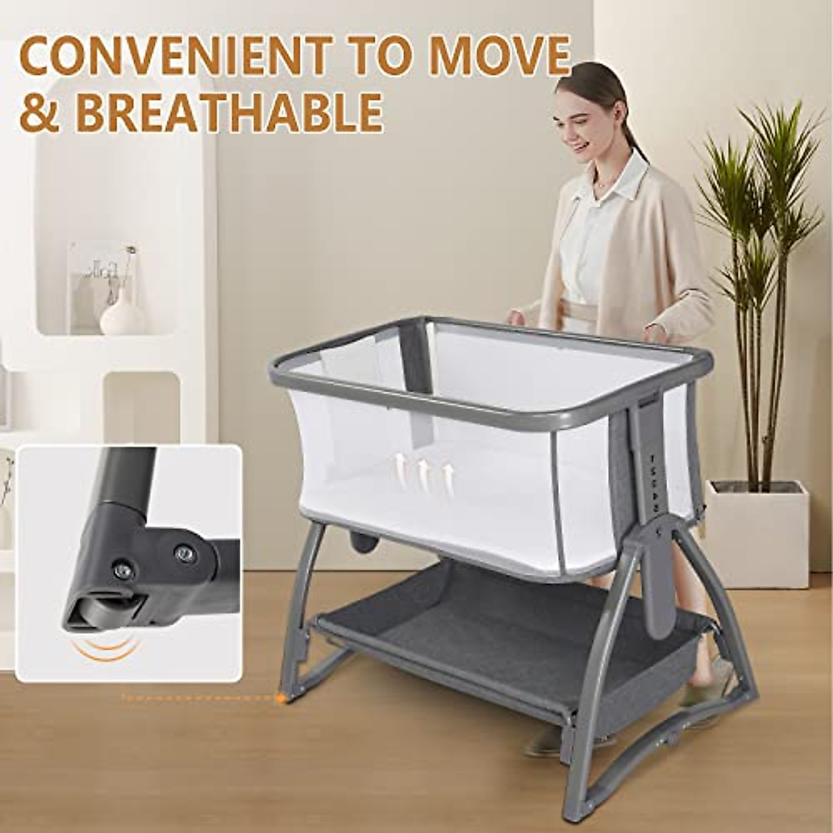 JOYMOR Bedside Sleeper Rocking Bassinet, Height Adjustable Breathable Net Bed Side Baby Cribs with Washable Mattress,Mosquito Net,Storage Basket for Infants, Gray