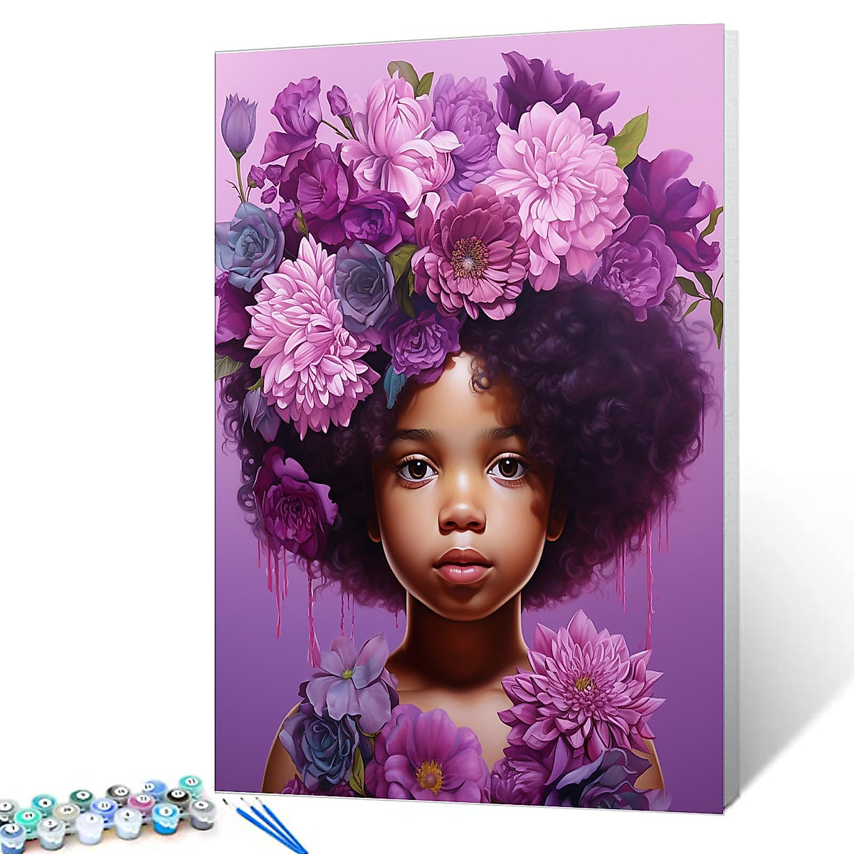 Tucocoo Purple Flowers Paint by Number for Adults, DIY Oil Painting Kits on Canvas with Brushes and Acrylic Pigment, African American Little Girl Portrait Artwork for Home Decor 16x20inch (Frameless)