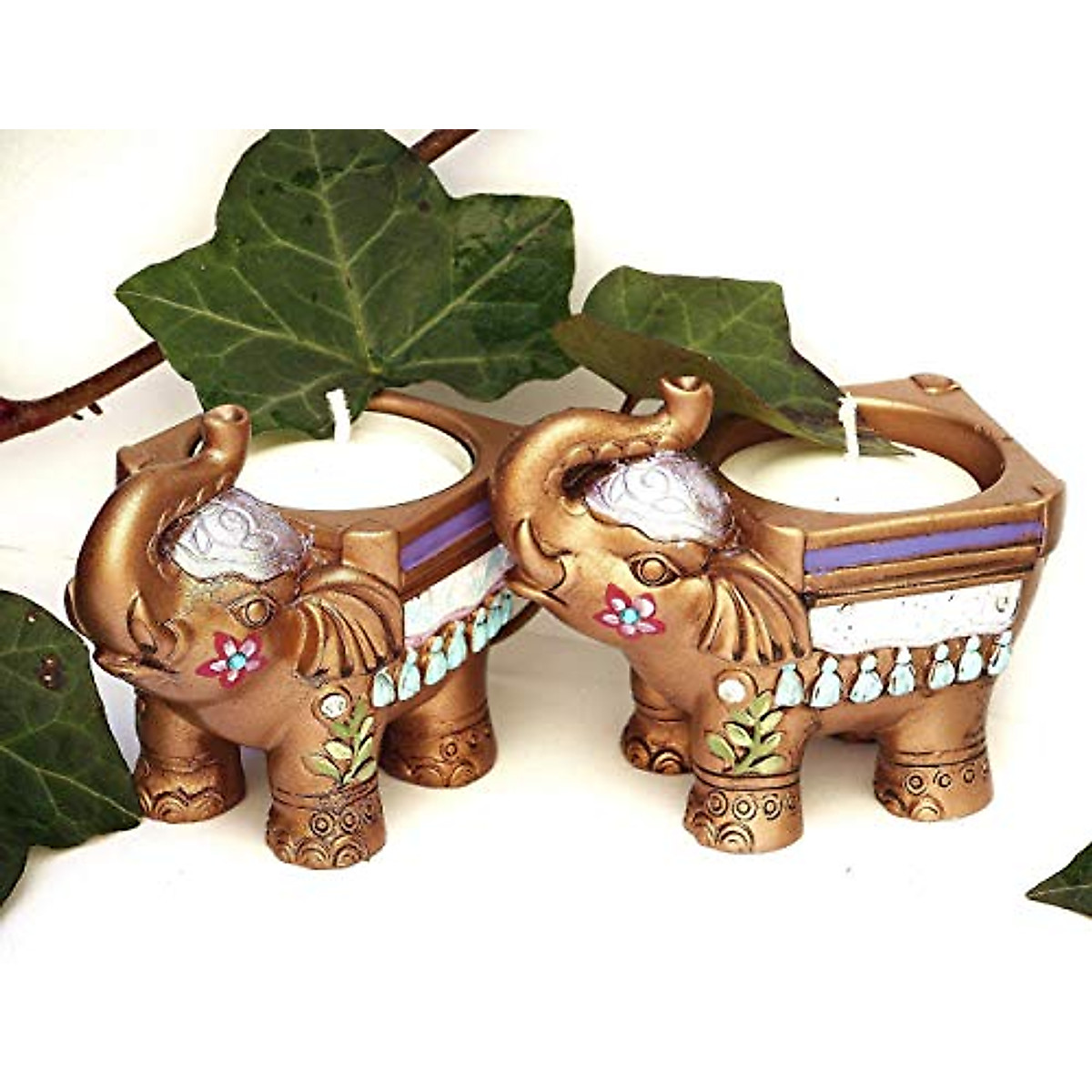 Painted Gold Elephant Tea Light Candle Holder Boho Indian Decor Accents Bohemian Decorations Small Gifts