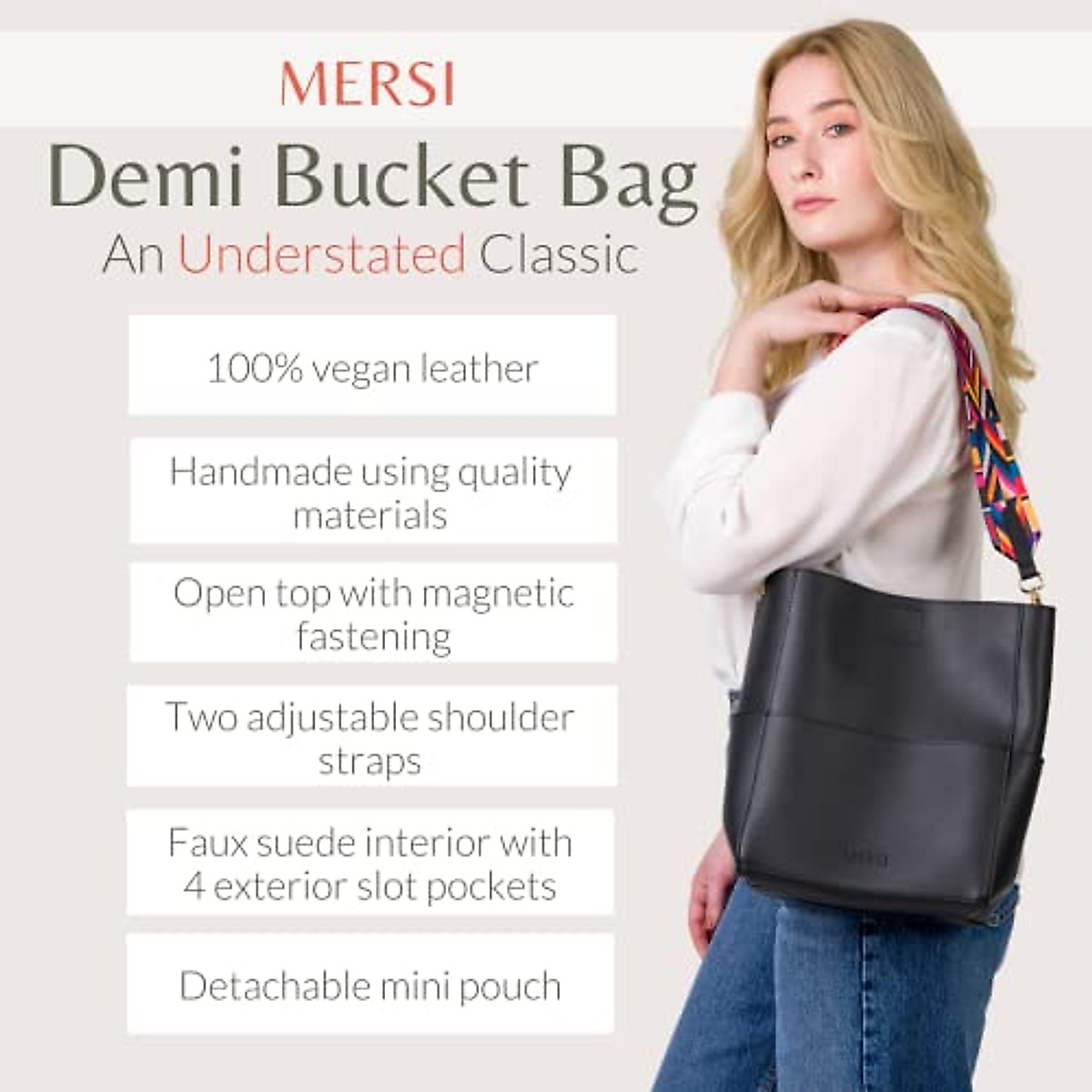 MERSI Demi Bucket Purse - Faux Leather Bucket Bag With Detachable Mini Pouch & 2 Adjustable Shoulder Straps - Vegan Leather Luxury Handbags For Women - (12”H x 11”L x 5”D, Black)