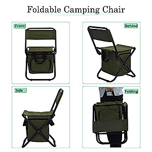 Sequpr Portable Foldable Camping Chair with Cooler Bag, Lightweight Backrest Stool Compact Folding Chair Seat, Outdoor Backrest Stool with Folding Backpack for Camping Hunting Fishing Hiking Green