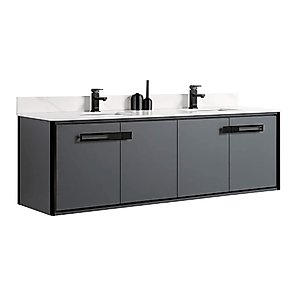 Fine Fixtures Oakville 72 in. W x 20 in. D x 33 in. H Wall Mounted Bathroom Vanity in Onix Grey with White Ceramic Sink - Black Hardware