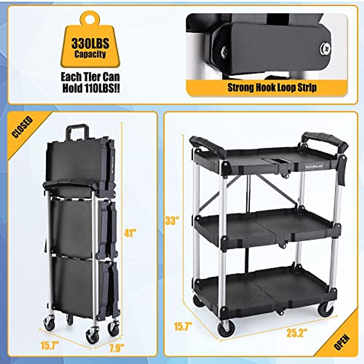 FUTURELAB Portable Folding Service Cart - 3 Tier 330LBS Capacity - Rolling Cart Utility Cart Foldable Cart with Wheels for Warehouse Home Workshops Garages Restaurants Offices