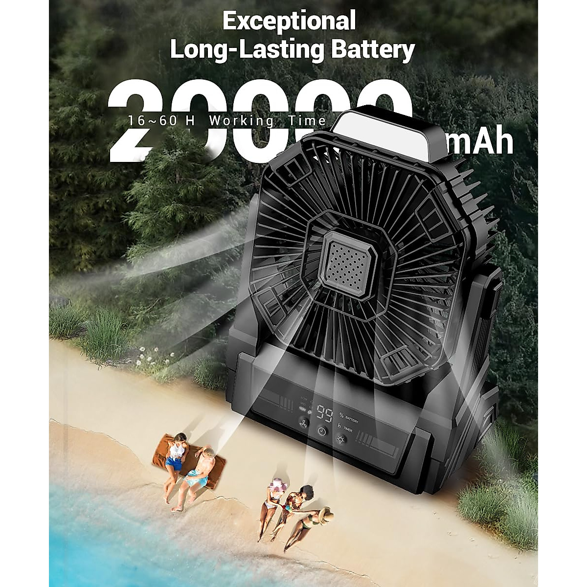 KopBeau Portable Camping Fan with Lights, 20000mAh Rechargeable Battery Operated Fan, Battery Powered Outdoor Beach Tent Fan with 3 Speeds & Hook, Personal USB Table Fan for Camping Accessories Black