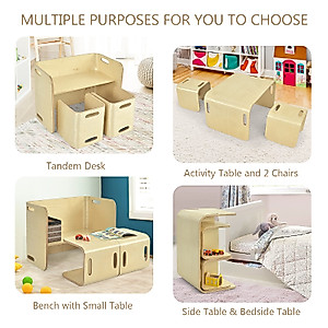 Costzon Kids Table and Chair Set, 4 in 1 Wood Activity Table, Bench, Storage Shelves, Desk for Children Reading, Arts, Crafts, Snack Time, Playroom, Fully Assembled, Toddler Table & Chair Set, Natural