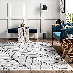 nuLOOM Lanette Abstract Leaves Machine Washable Ultra Thin Area Rug, 4' x 6', Light Grey