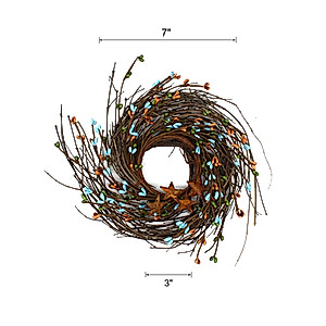 CVHOMEDECO. Primitives Rustic Pip Berries and Twig with Rusty Barn Stars Wreath, 7-Inch, Country Mix