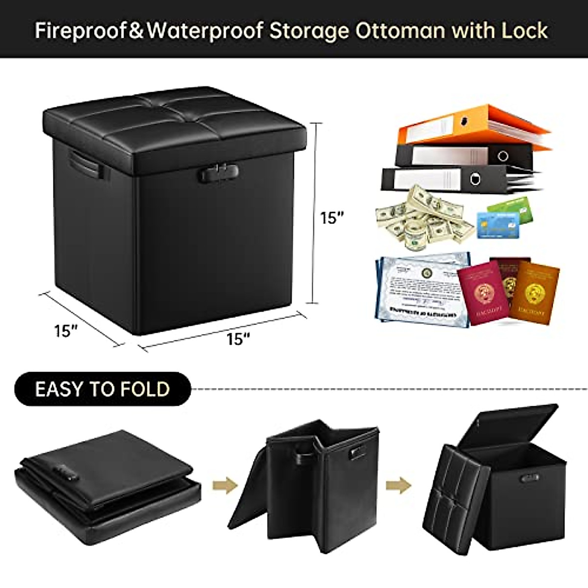 ENGPOW Storage Ottoman,Fireproof ＆ Waterproof Folding Ottoman Cube Storage Stool with Lock,Leather Square Ottoman Storage Chest Safe for Living Room, Bedroom, Home Office,Dorm,15"x15"x15",Black