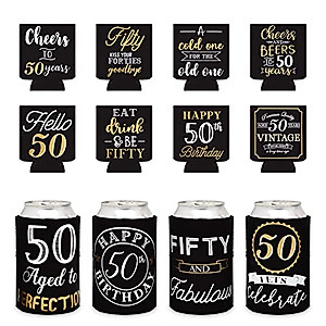 12-Pack 50 and Fabulous Birthday Decorations and Supplies for Women and Men, Black and Gold Insulated Neoprene Can Cooler Sleeve Party Favor for 12 oz Soda, Beer, Beverages (2.5x4 in)