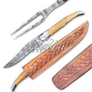 Cheetah Knives Damascus Carving Knife Set with Sheaths, Set of 2 with 12.5" Carving Fork & 12.5" Slicing Knife for Meat Cutting,Turkey,BBQ & Brisket, Made with Natural Olive Wood Handle