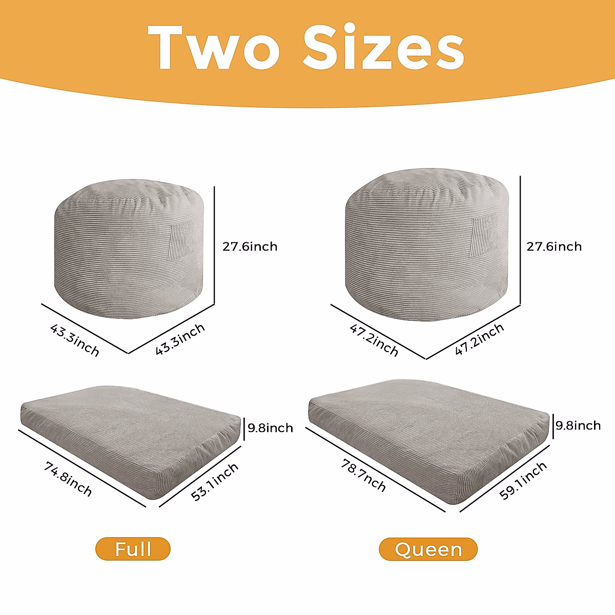 MAXYOYO Giant Bean Bag Chair Bed for Adults, Convertible Beanbag Folds from Lazy Chair to Floor Mattress Bed, Large Floor Sofa Couch, Big Sofa Bed, High-Density Foam Filling, Machine Washable