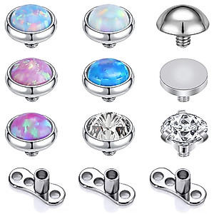ZS 9PCS Opal 16G Dermal Anchor Tops 3mm 4mm, 14G Surgical Steel Internally Threaded Base Microdermal Piercing Jewelry for Women Men (B:4mm)