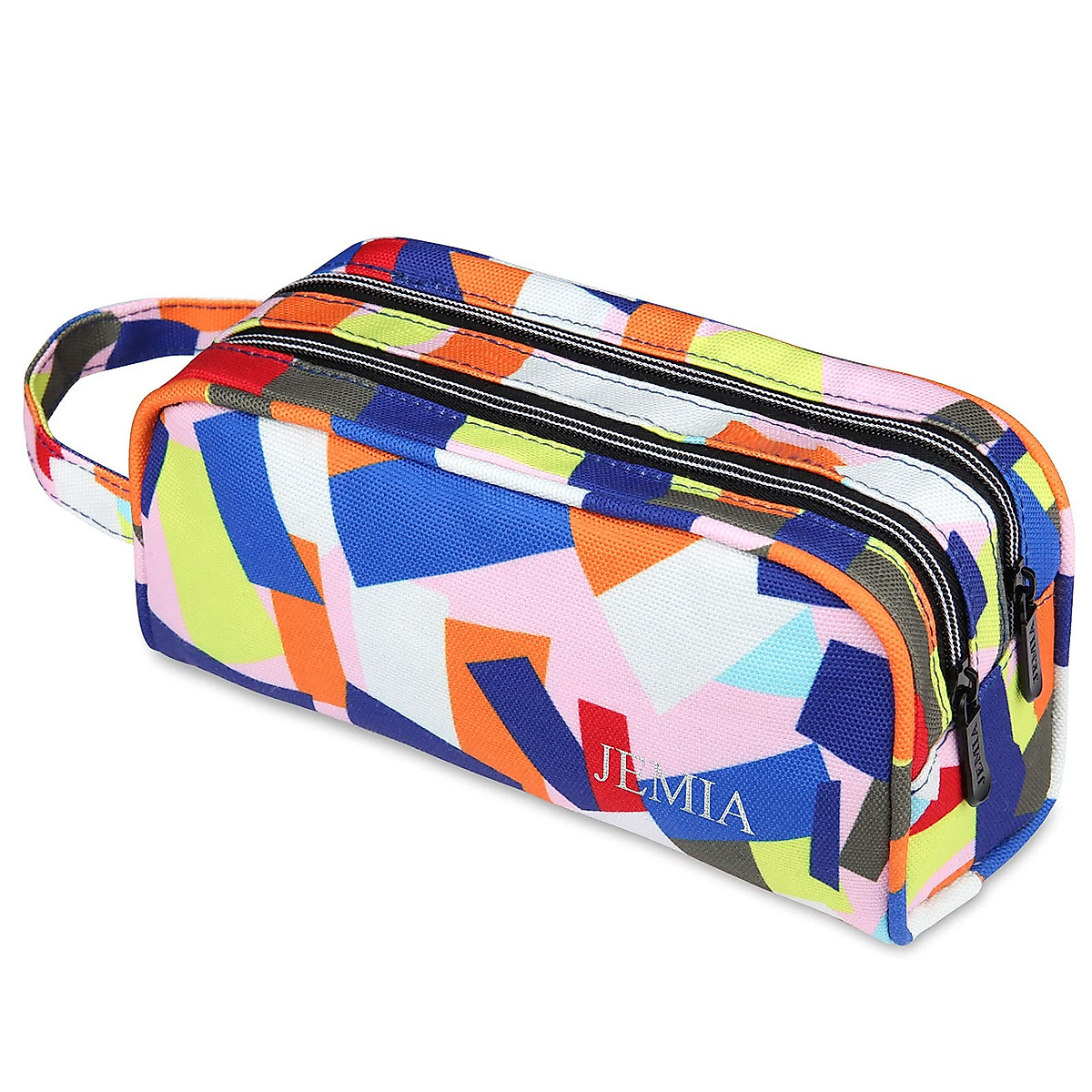 JEMIA Dual Compartments Collection 2 Independent Zipper Chambers with Mesh Pockets and Handle Strap Pencil Case (Geometric, Polyester)