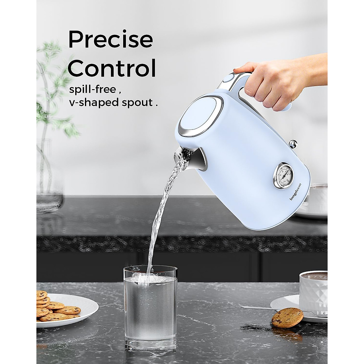 LONGDEEM Electric Kettle Quick Heating, Hot Tea Water Boiler with Thermometer 1.7L Stainless Steel Cordless LED Indicator 1500W, Auto Shut-Off & Boil Dry Protection, Easy to Clean, Blue