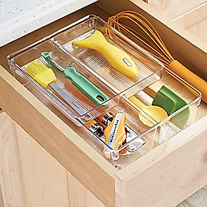 mDesign Plastic Stackable Kitchen Storage Drawer Organizer Bin with 2-Tier Tray for Cabinet, Pantry, Drawer, Refrigerator, Freezer - Hold Utensils, Flatware, Appliances - Ligne Collection - Clear