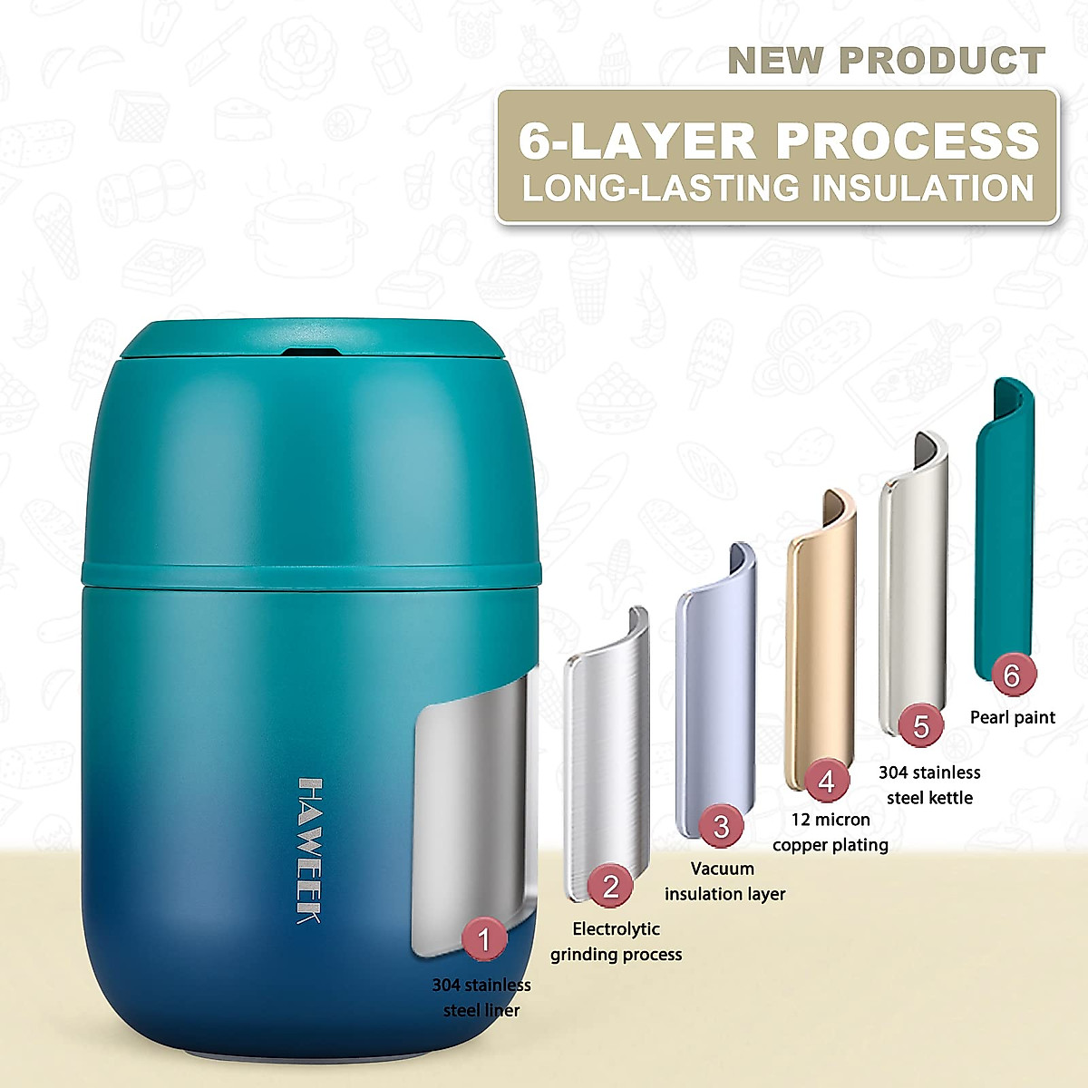 HAWEEK Insulated Food Container 17 oz Soup Thermos for Hot Food Adults, Stainless Steel Vacuum Lunch Box with Folding Spoon, Adult Thermos Portable with Handle for School, Office, Outdoor