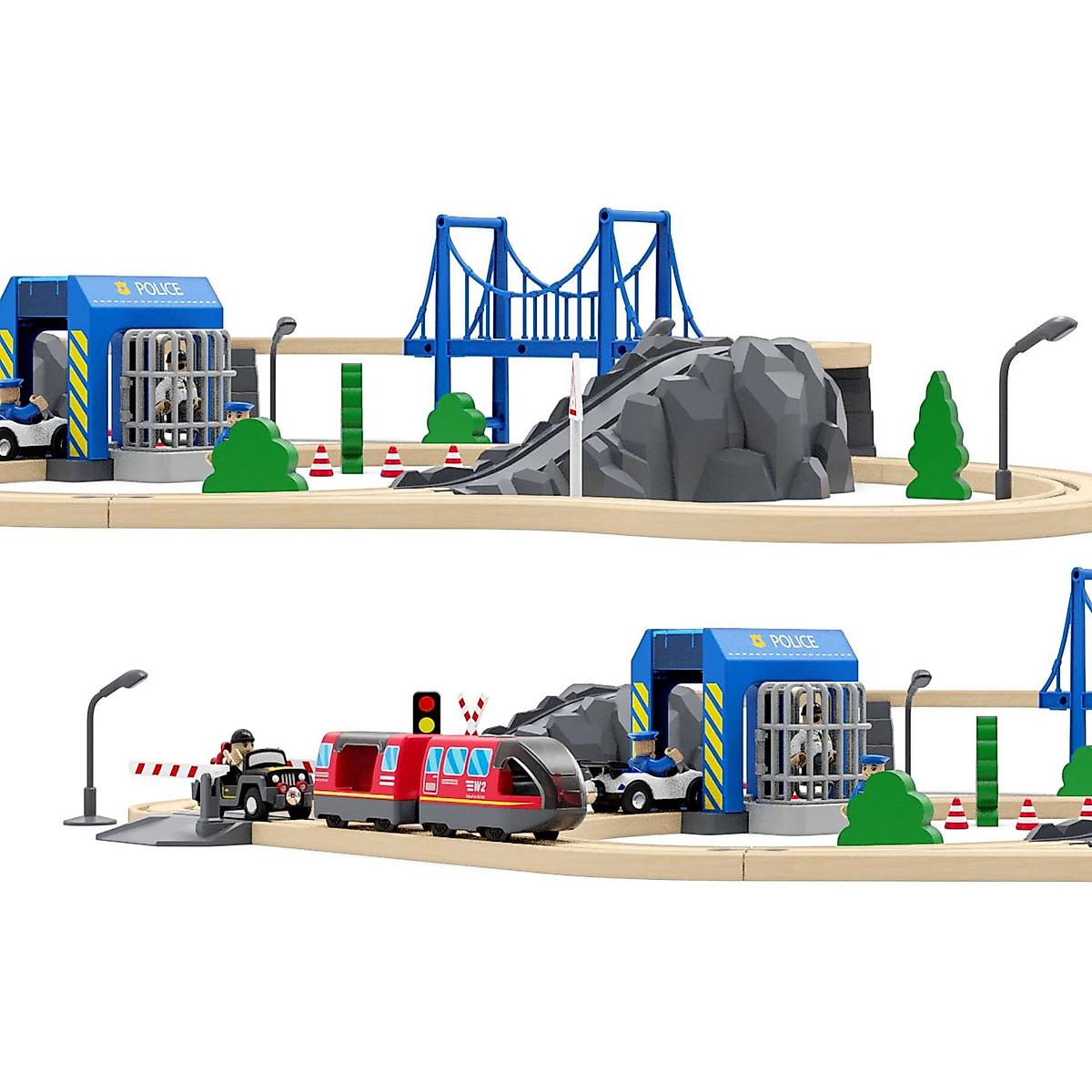 Wooden Train Tracks Accessories, Train Set Piece of Police Station Compatible with All Railroad Track Collection, Train Toys Expansion Pack for Kids Ages 3 and Up.