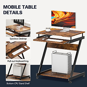 sogesfurniture Retro Computer Desk, Small Mobile Workstation with Keyboard Tray, Printer Shelf & Storage, 23.6x18.9x28.7 inches, Engineered Wood, for Home and Office
