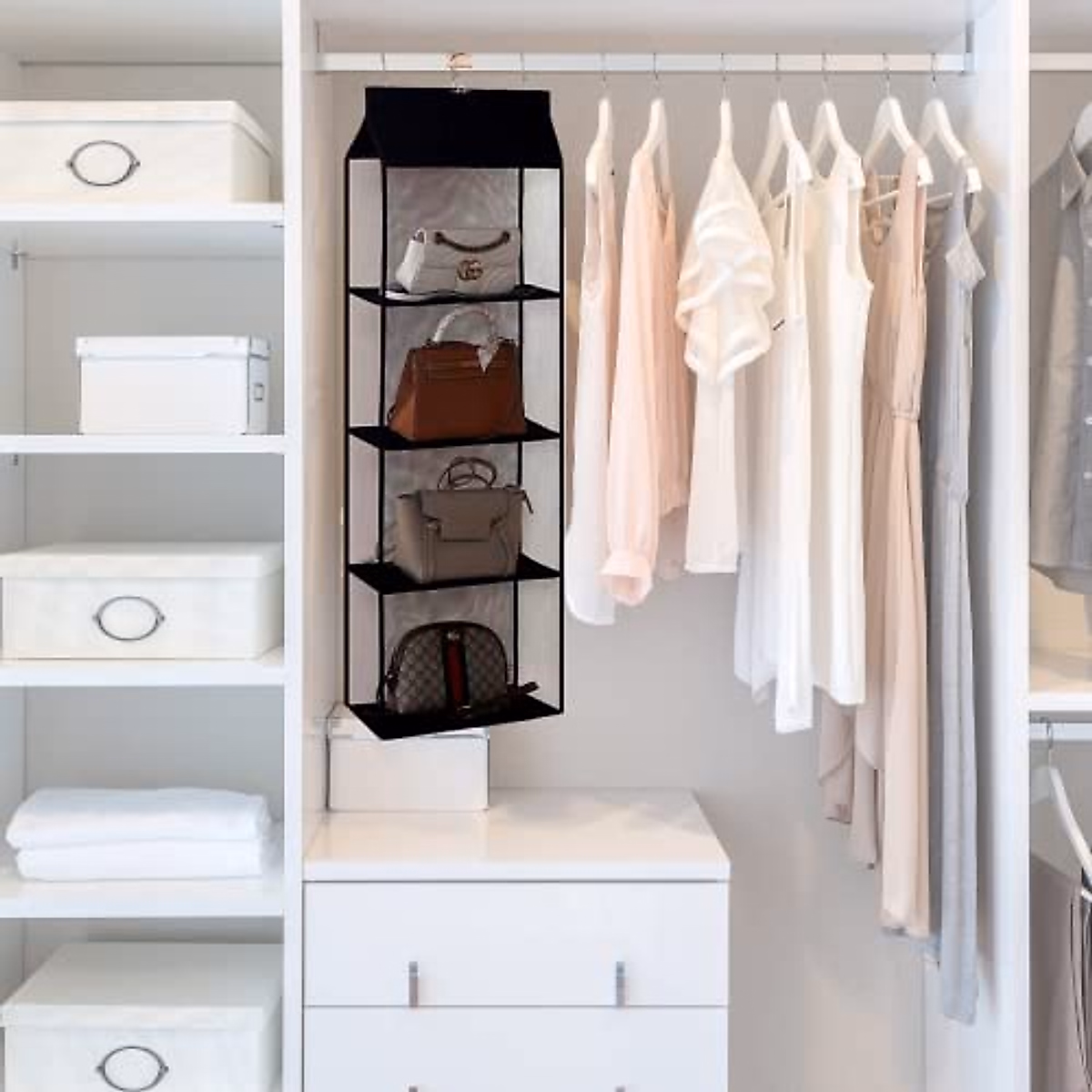 Hanging Handbag Purse Closet Organizer,4 Layers Shelves,Wardrobe Closet Space Saving Organizers System, Storage Bag Purse,Dust Proof Hanging Saving Purse Organizers System (Black).