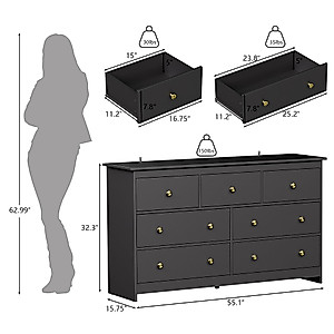 55'' Black Dresser for Bedroom, 7 Deep Drawer Large Wood Dresser with Gold Handles, Modern Wide Storage Dressers & Chests of Drawers for Entryway, Hallway