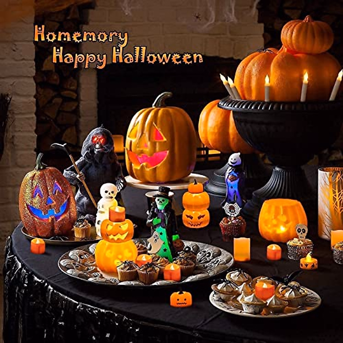 Homemory 24 Pcs Orange LED Tealight Candles with 24 Pcs Orange Halloween Luminary Bags
